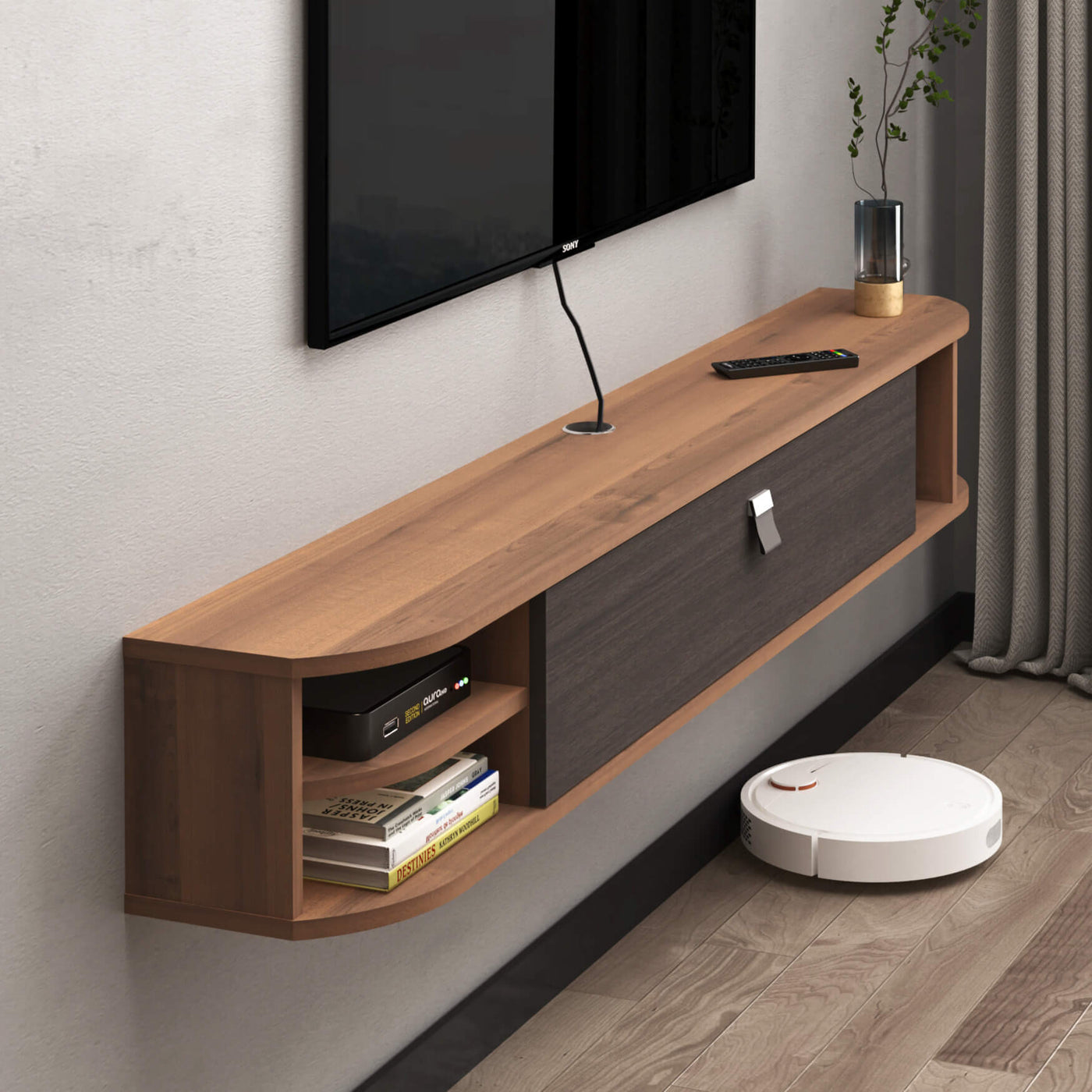 Walnut Modern Wood Floating TV Stand with Cubbies for 65" 70" TVs