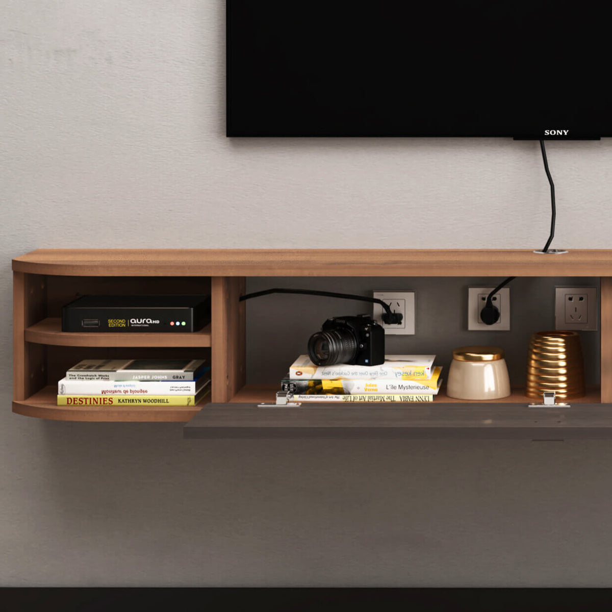 Walnut Modern Wood Floating TV Stand with Cubbies for 65" 70" TVs