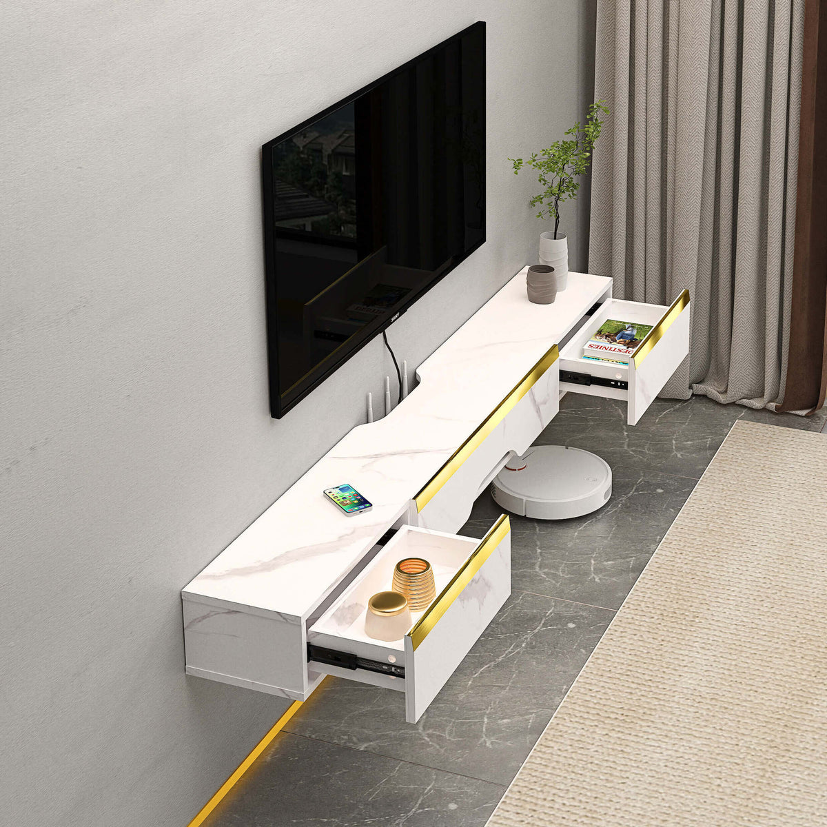 Wood Floating TV Stand with Drawers for 60" 65" TVS, White with Golden