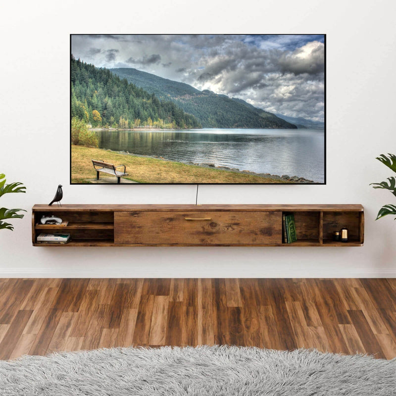Rustic Brown Wood Floating TV Stand Shelf with Gold Accent for 90" TVs