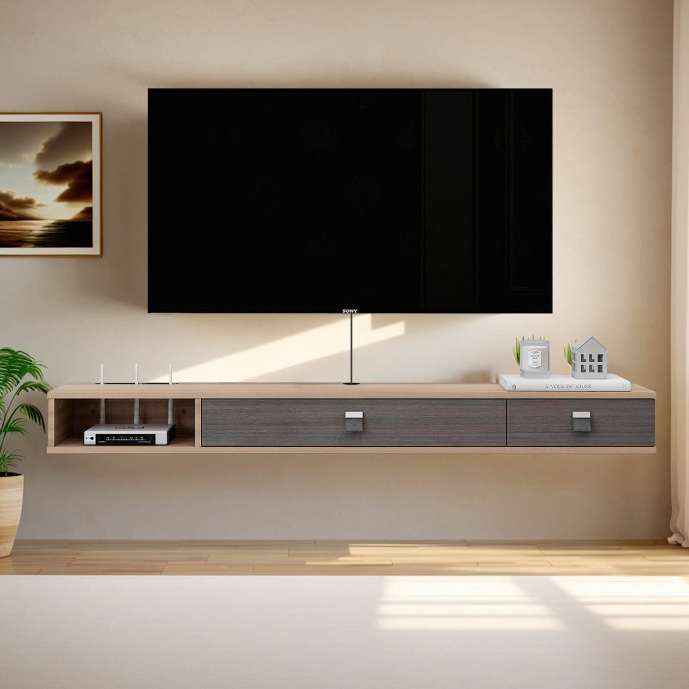 Plywood Floating TV Stand Shelf for 50", Small Media Console with Storage