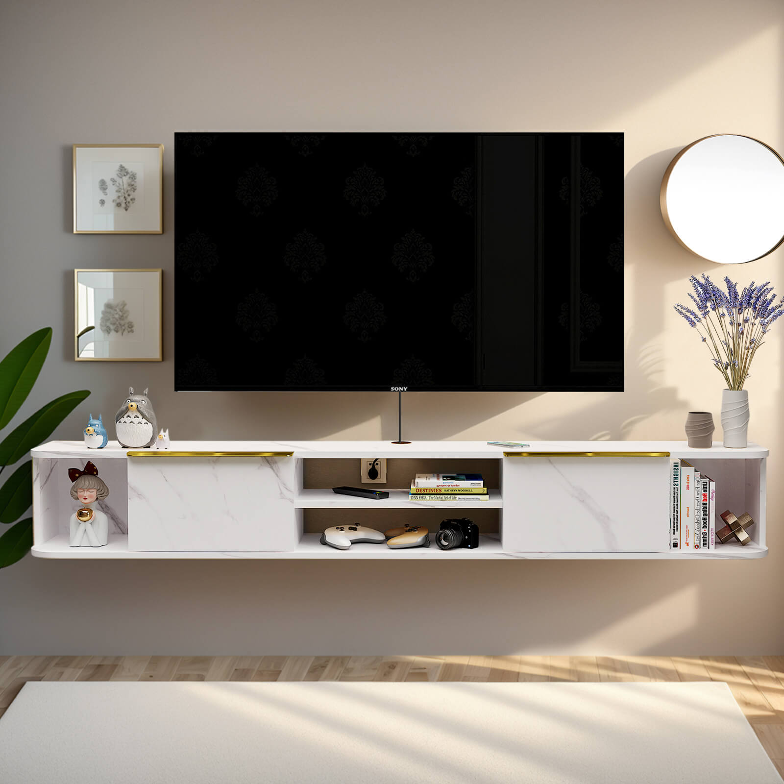 Custom Wood Wall Mounted Modern Floating TV Stand with Drawers & Shelf