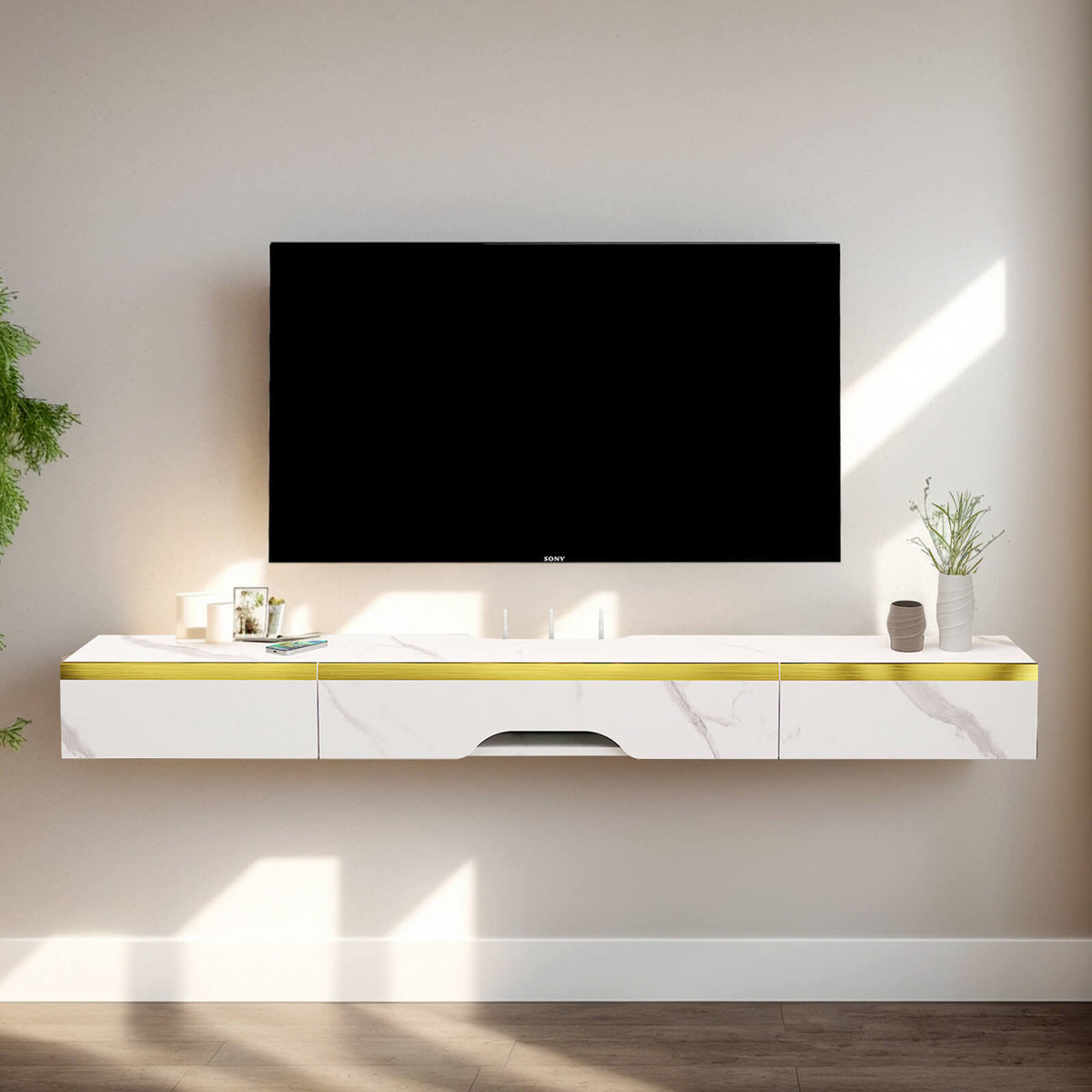 Wood Floating TV Stand 50" TVs , White Golden Shelf with Door Storage