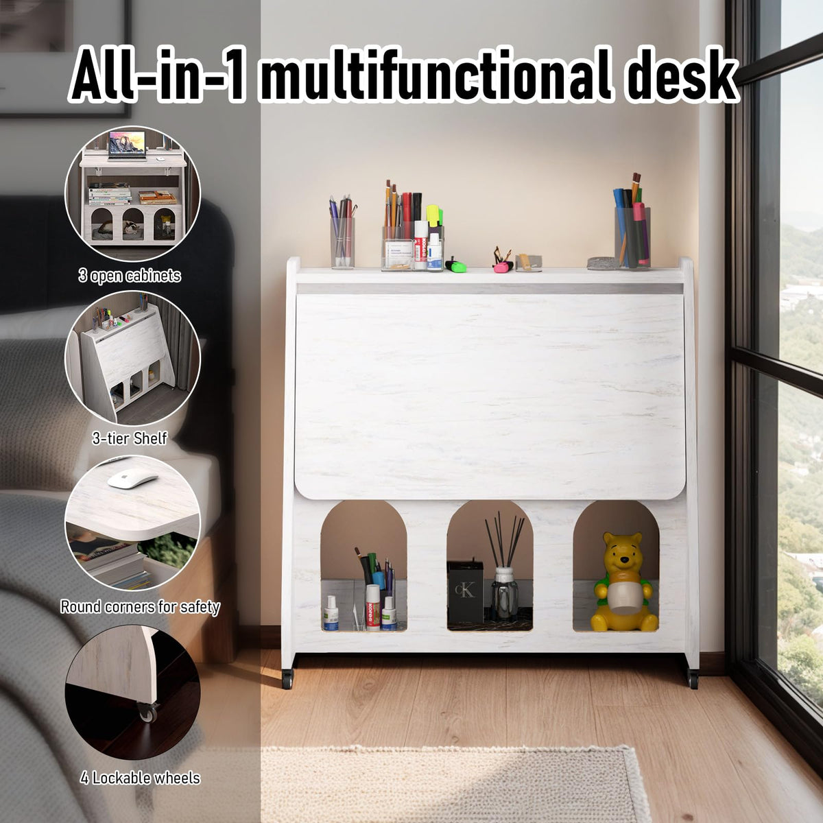 White Rolling Fold Down Standing Wood Desk for Bed, Sofa