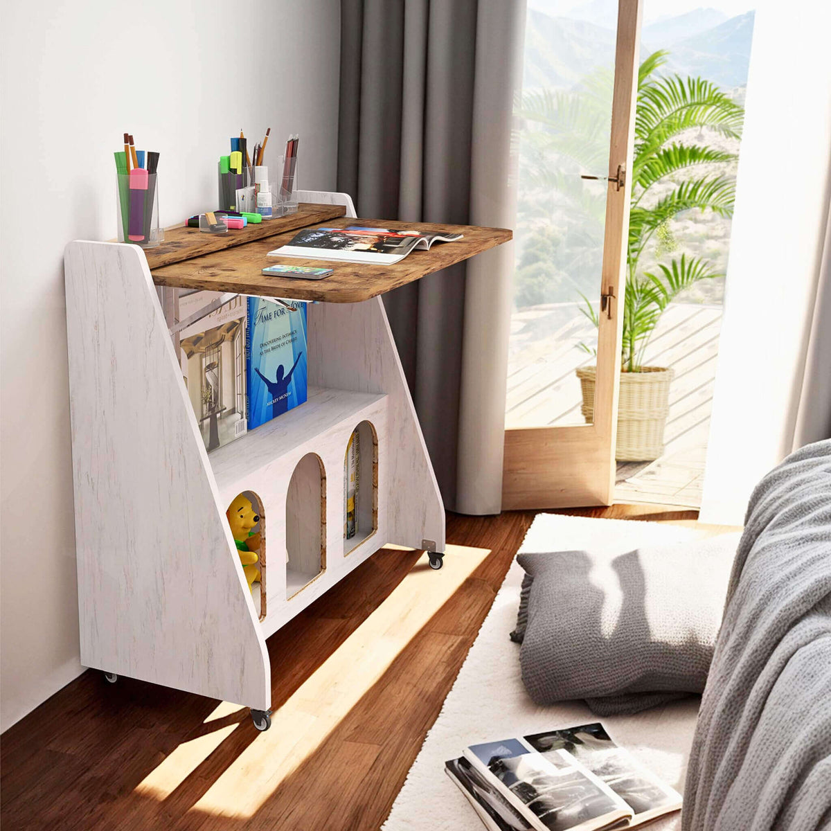 Brown White Rolling Fold Down Standing Wood Desk, Portable Workstation