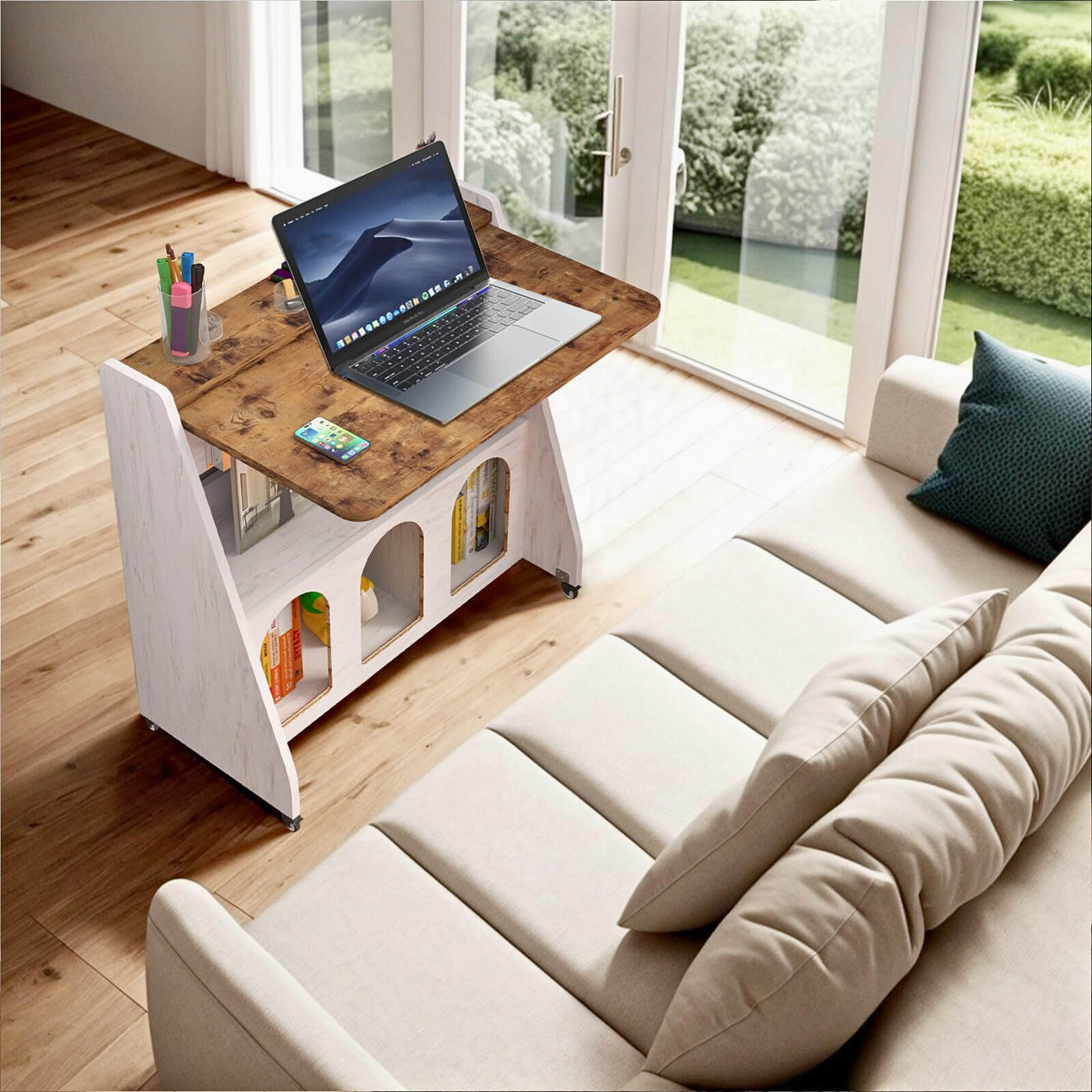 Brown White Rolling Fold Down Standing Wood Desk, Portable Workstation