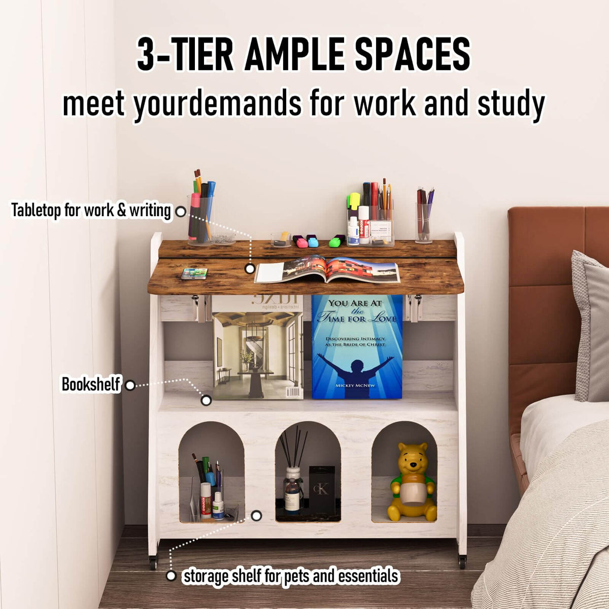 Brown White Rolling Fold Down Standing Wood Desk, Portable Workstation