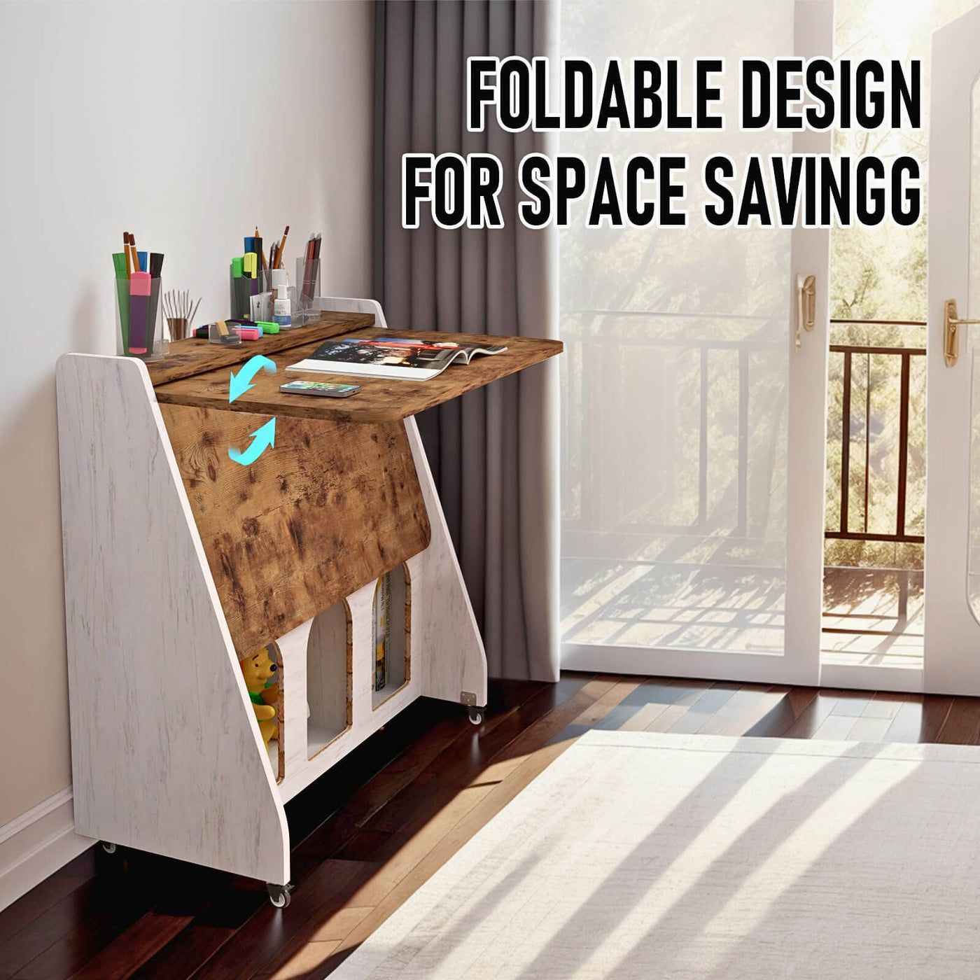 Brown White Rolling Fold Down Standing Wood Desk, Portable Workstation