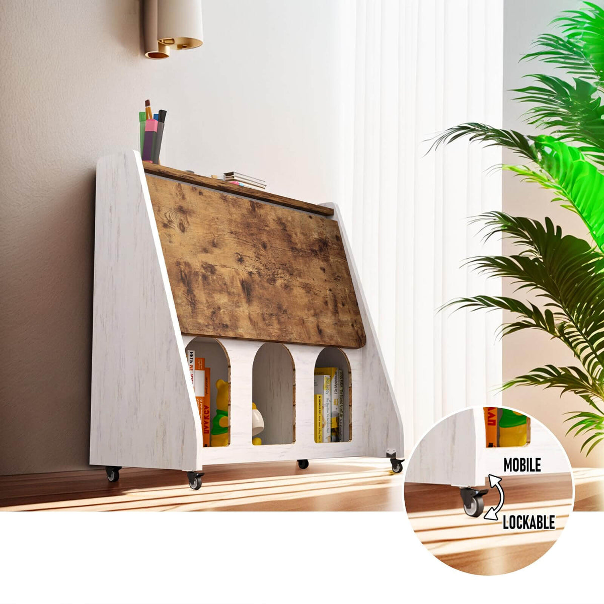 Brown White Rolling Fold Down Standing Wood Desk, Portable Workstation