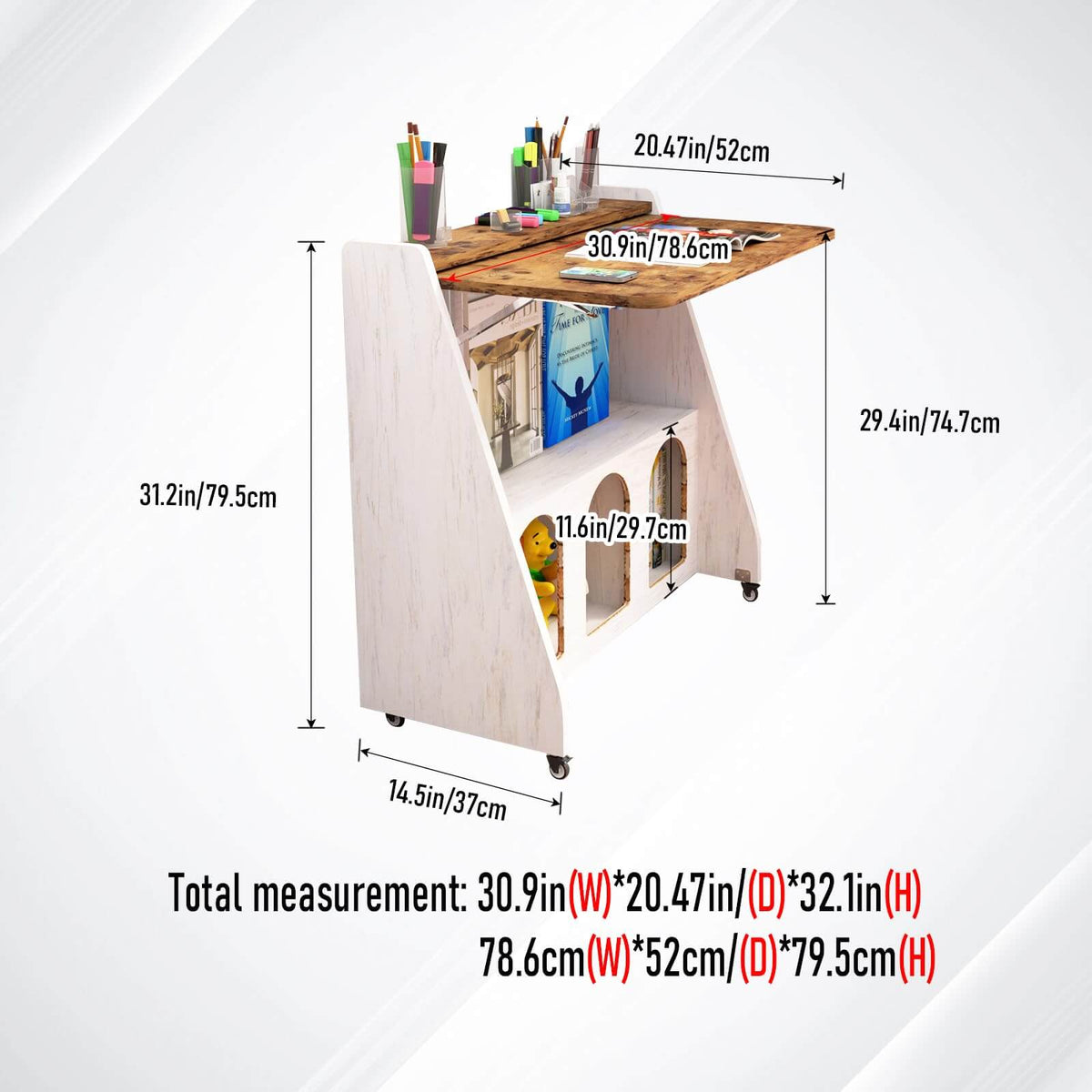 Brown White Rolling Fold Down Standing Wood Desk, Portable Workstation