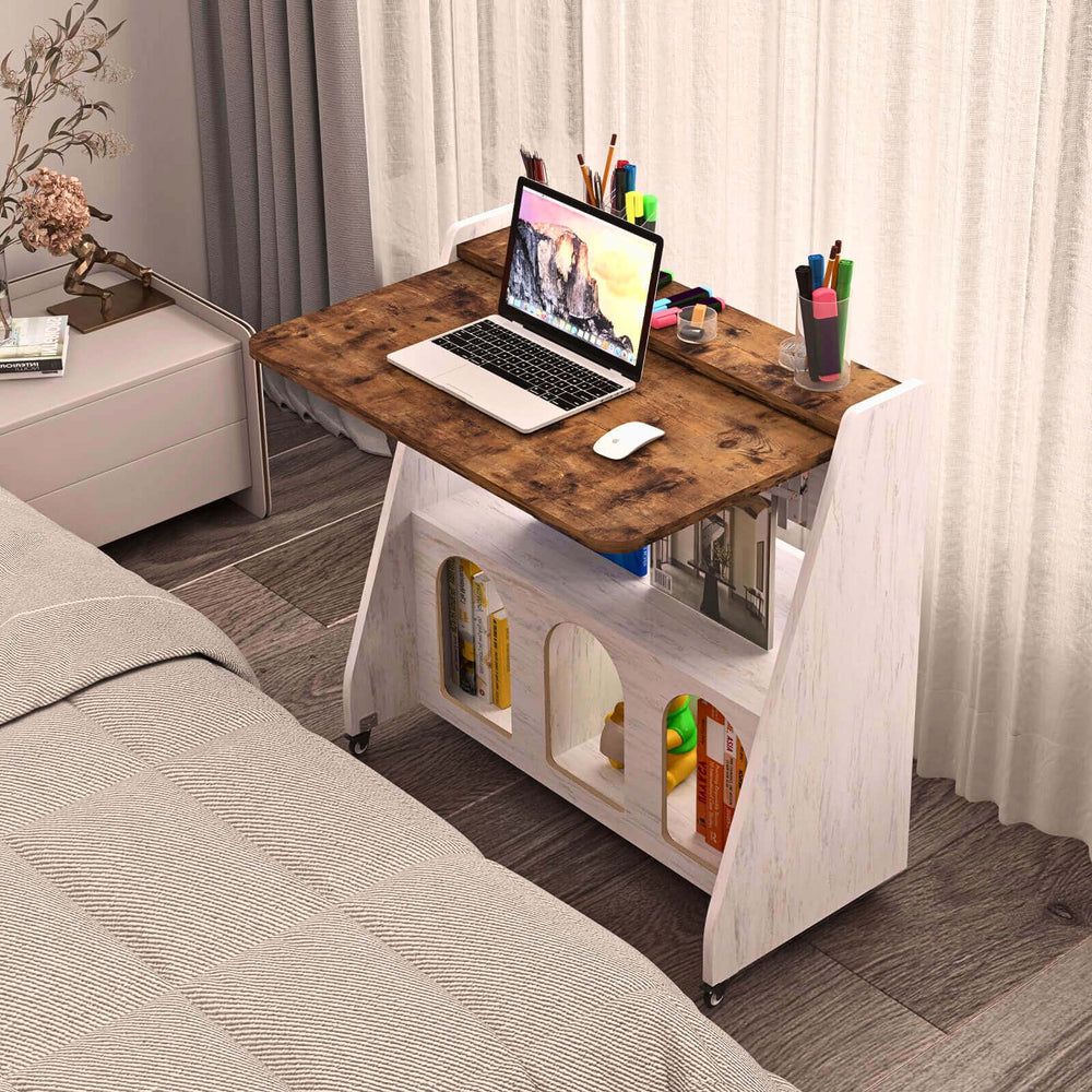 Brown White Rolling Fold Down Standing Wood Desk, Portable Workstation