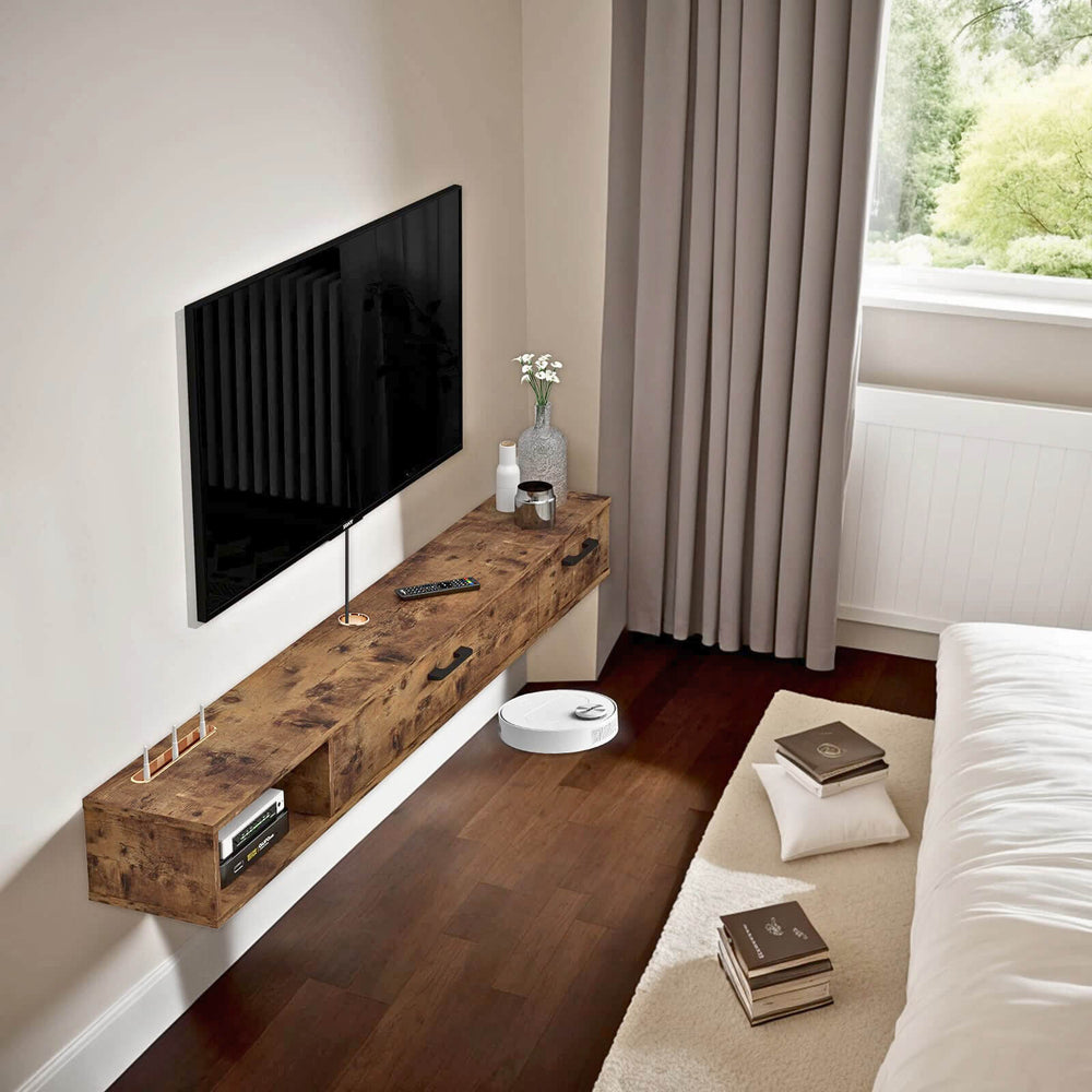 Rustic Brown Floating TV Stand Wall Shelf with Cabinets, Small Media ...
