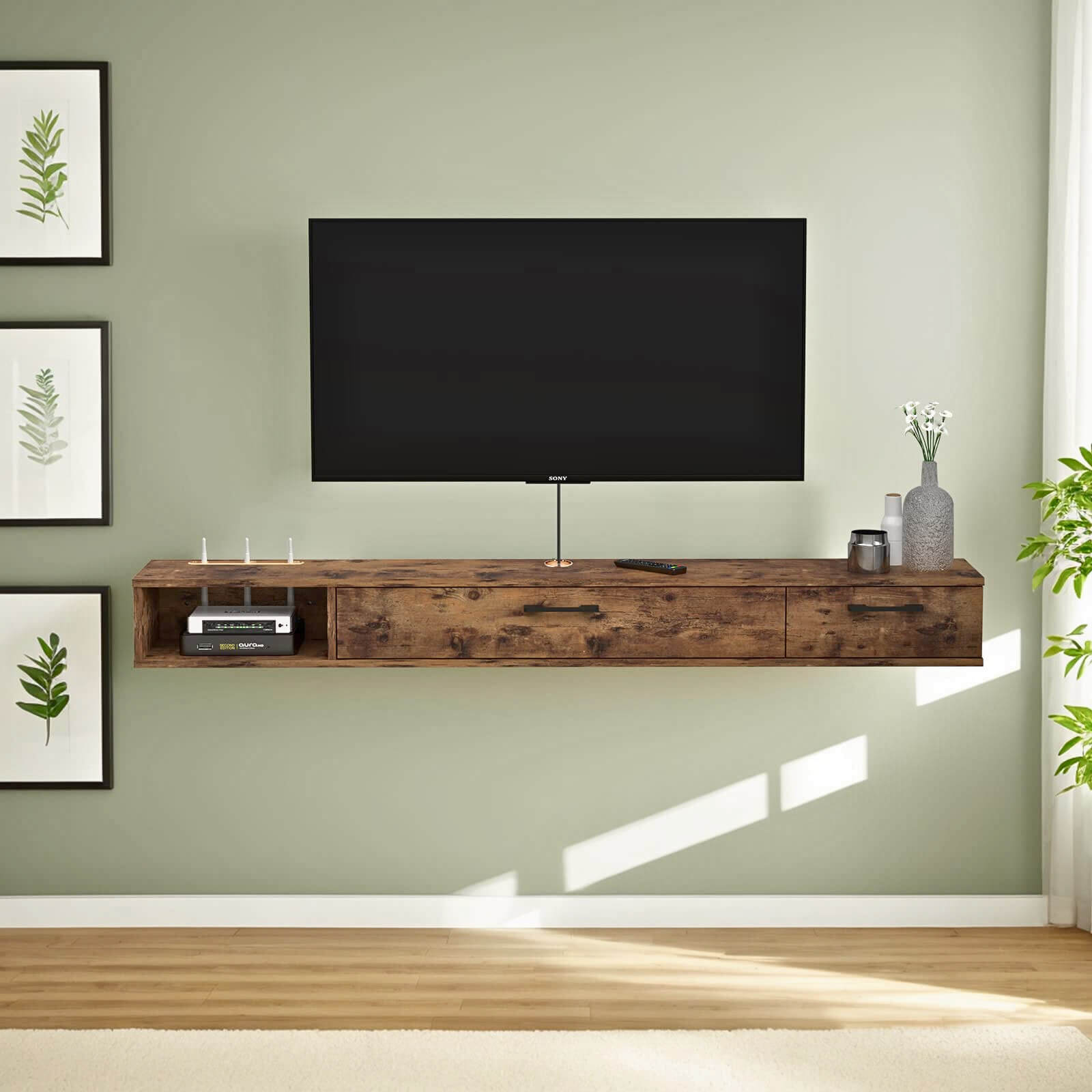 Country Rustic Brown Floating TV Shelf with Two Doors for 80" 85" TVs