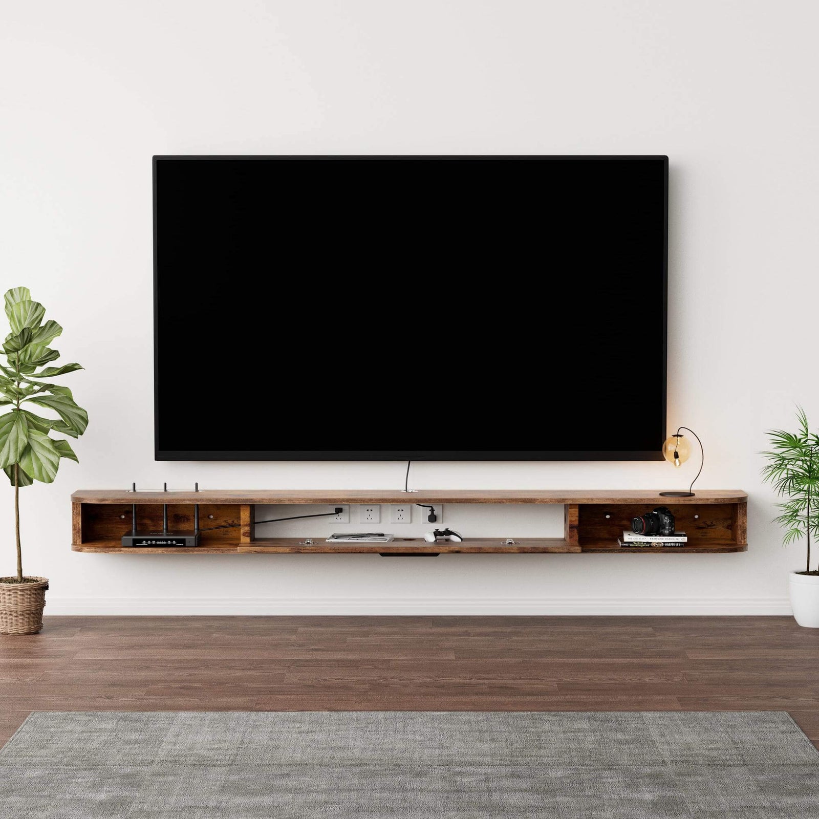 94.48" Rustic Brown Plywood Slim Floating TV Stand Wall Shelf for 85-1