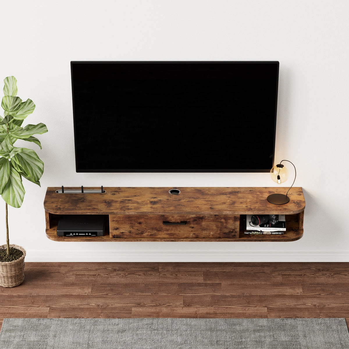 Rustic Brown Slim Floating TV Stand Wall Shelf for 32-50 inch TVs