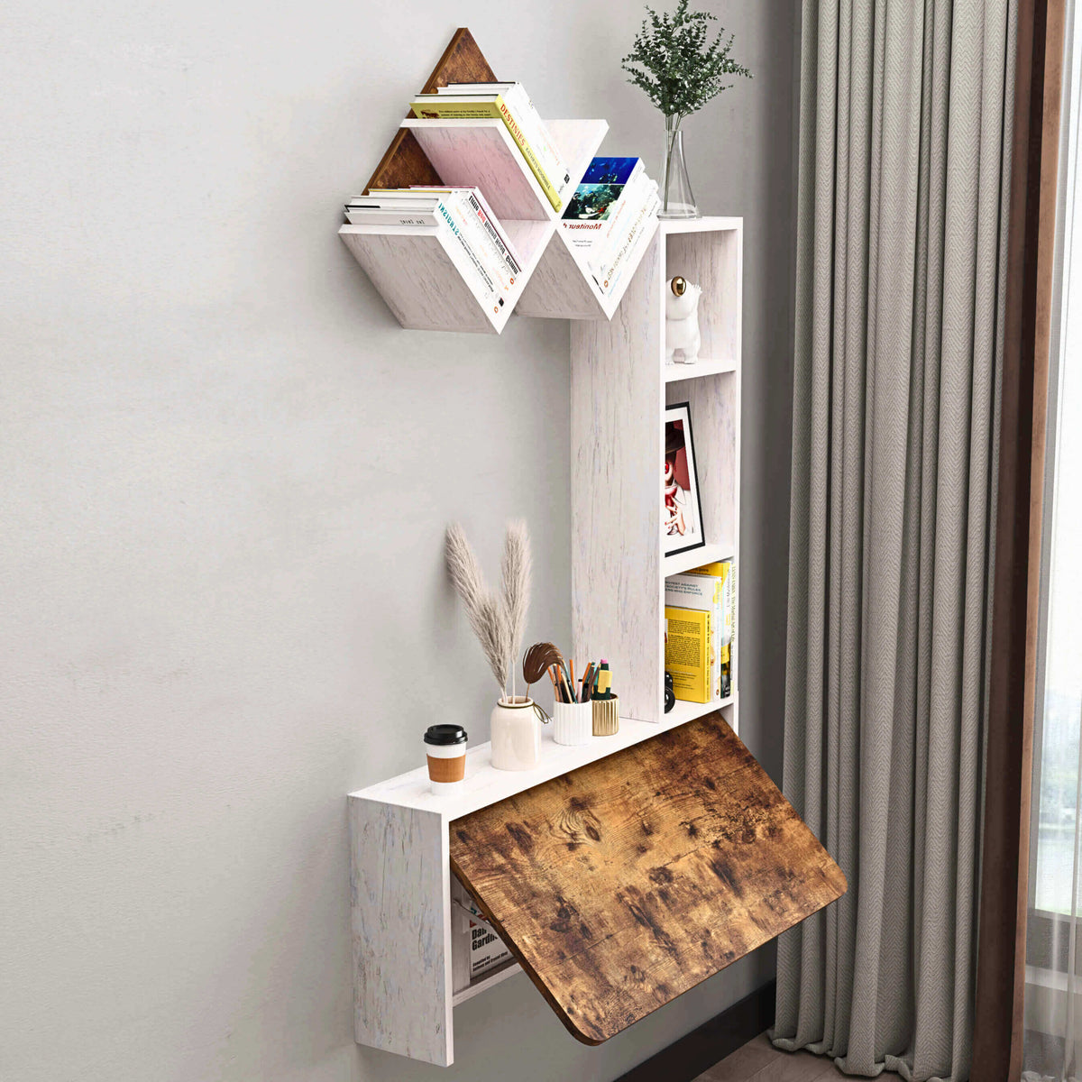 Rustic Brown Wall Mounted Fold Down Desk with Free Matching Bookshelves