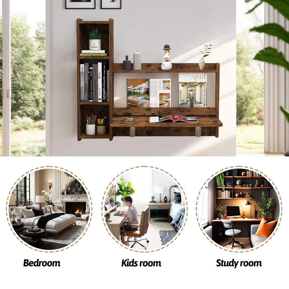 Rustic Brown Wood Wall Mounted Floating Folding Desk for small spaces