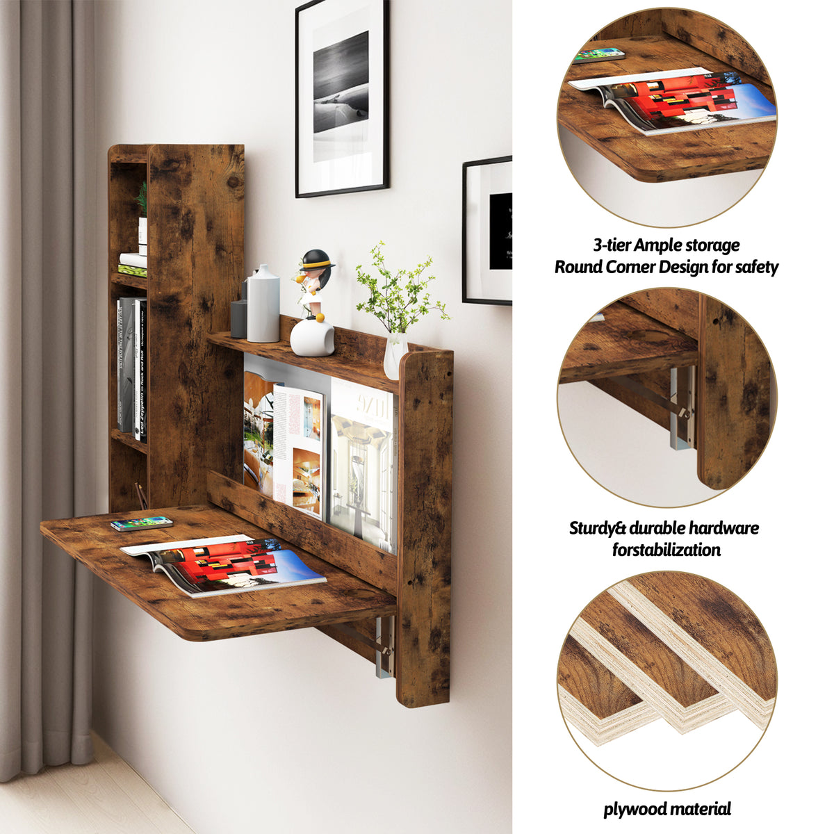 Rustic Brown Wood Wall Mounted Floating Folding Desk for small spaces