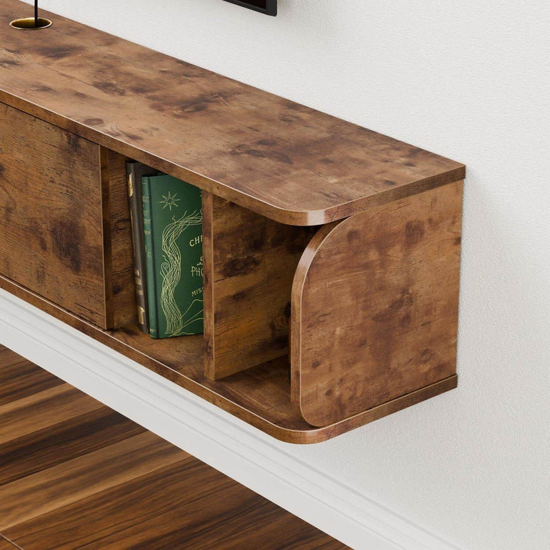 Rustic Brown Wood Floating TV Stand for 70" 75" TVs with with Gold Accent