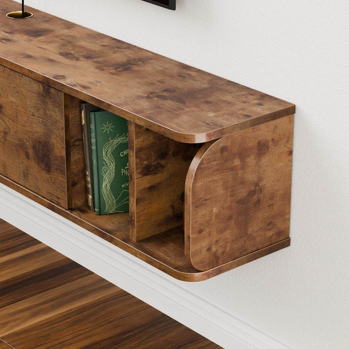 Rustic Brown Wood Floating TV Stand for 75" 80" TVs with Golden Detail