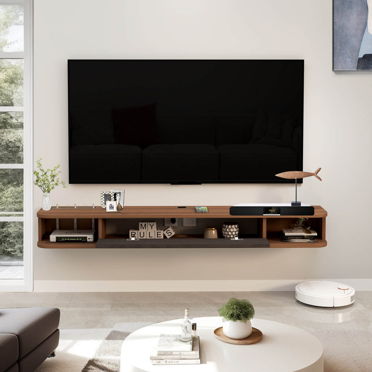 Walnut Plywood Slim Floating TV Console for 55" 60" TV