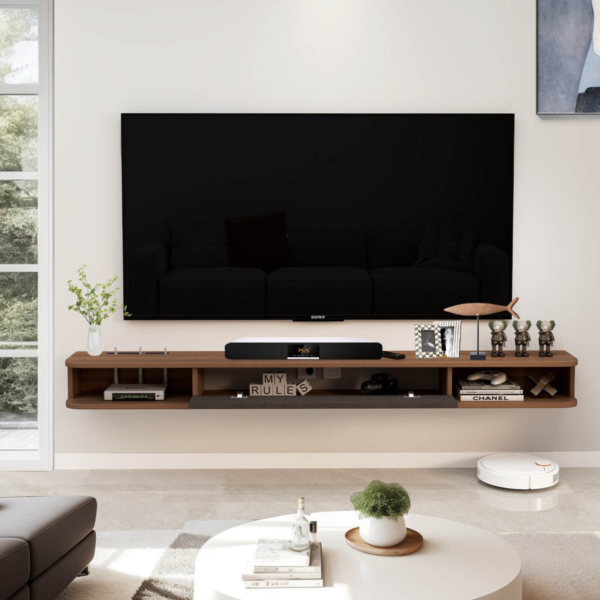 Plywood Floating TV stand Shelf for 75", Modern Entertainment Media Console