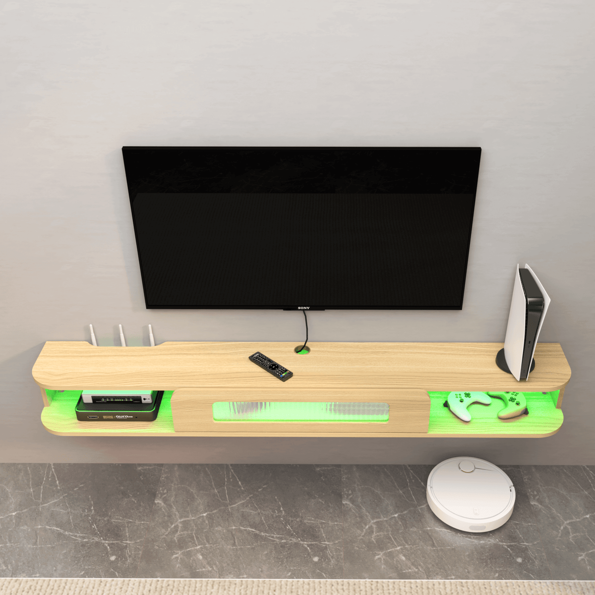 Slim Floating TV Stand Wall Shelf for 65" with LED Lights and Glass Door