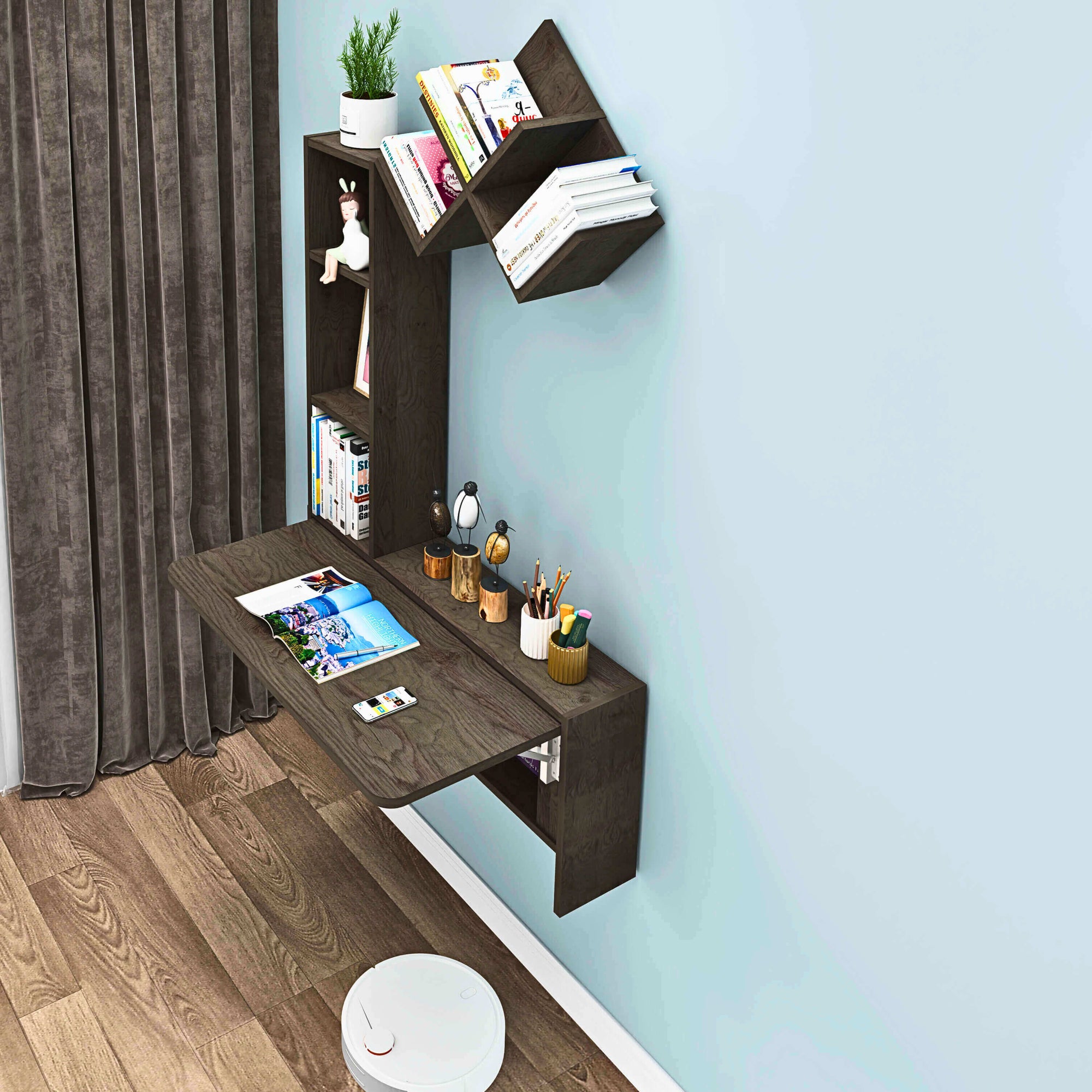 Plywood Floating Wall Mounted Desk with Fold Down Table & Storage Shelves