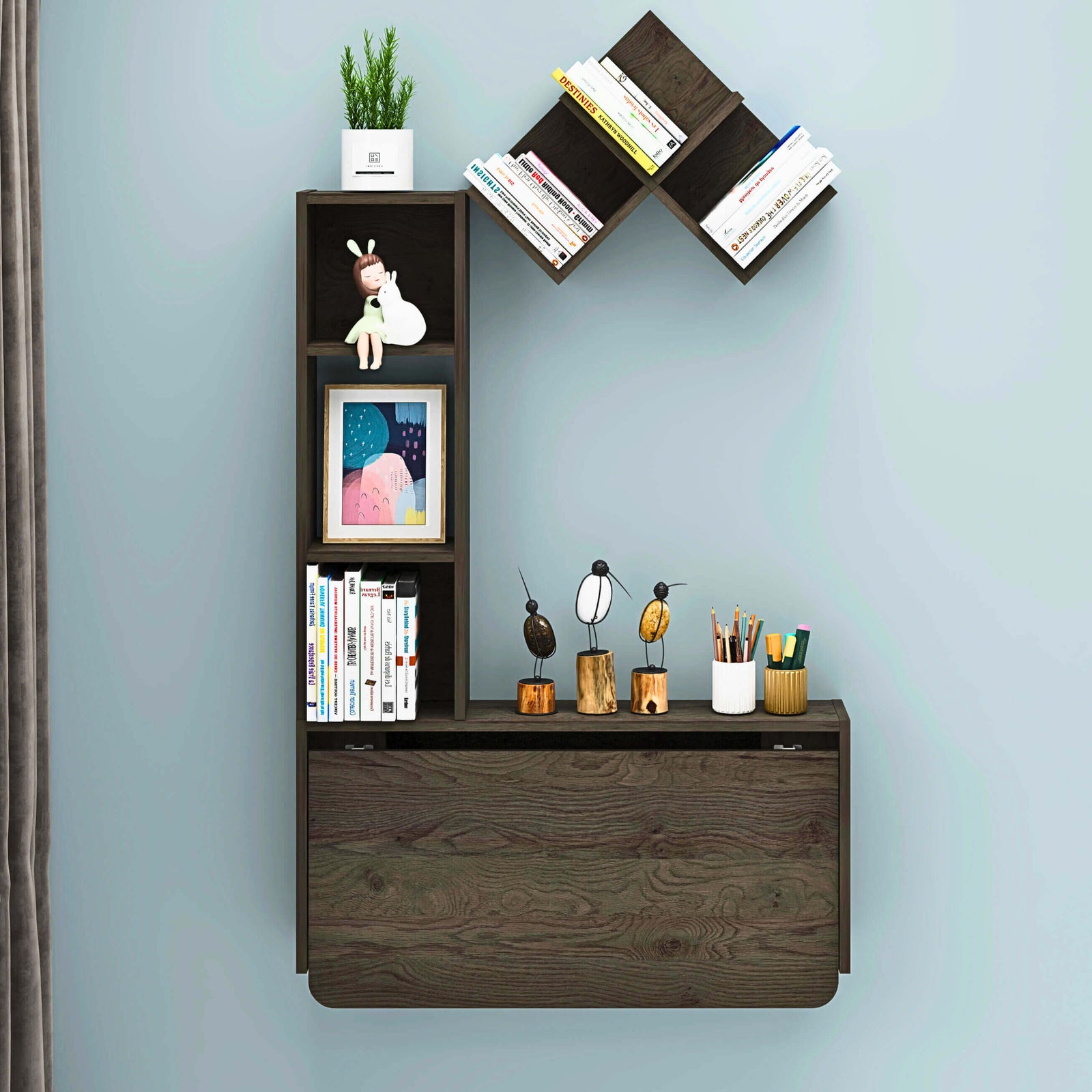 Floating Wall Mounted Folding Desks with Shevles and Dop-Leaf Table