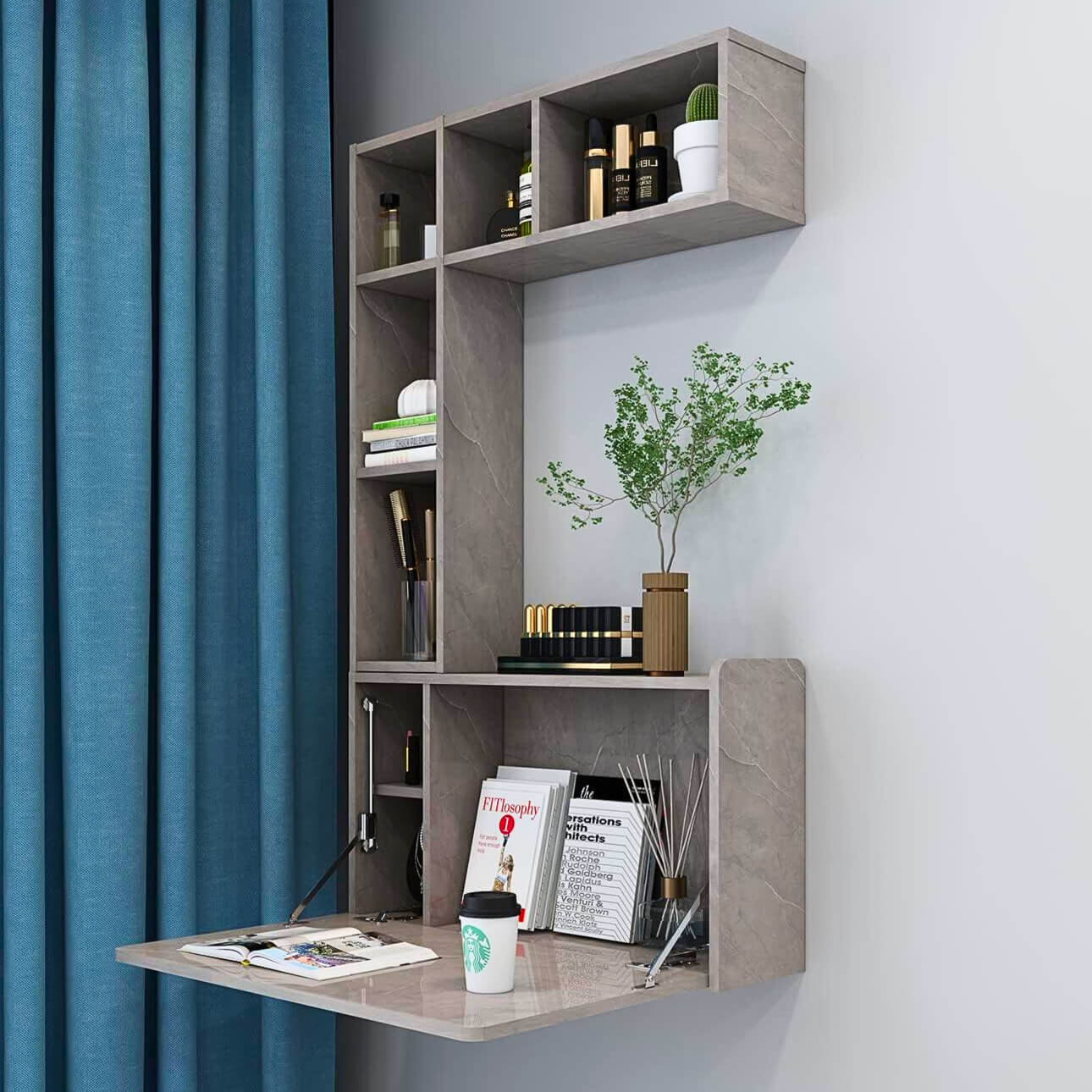 Grey Wall Mount Murphy Desk & Shelf, Floating Home Office Workstation