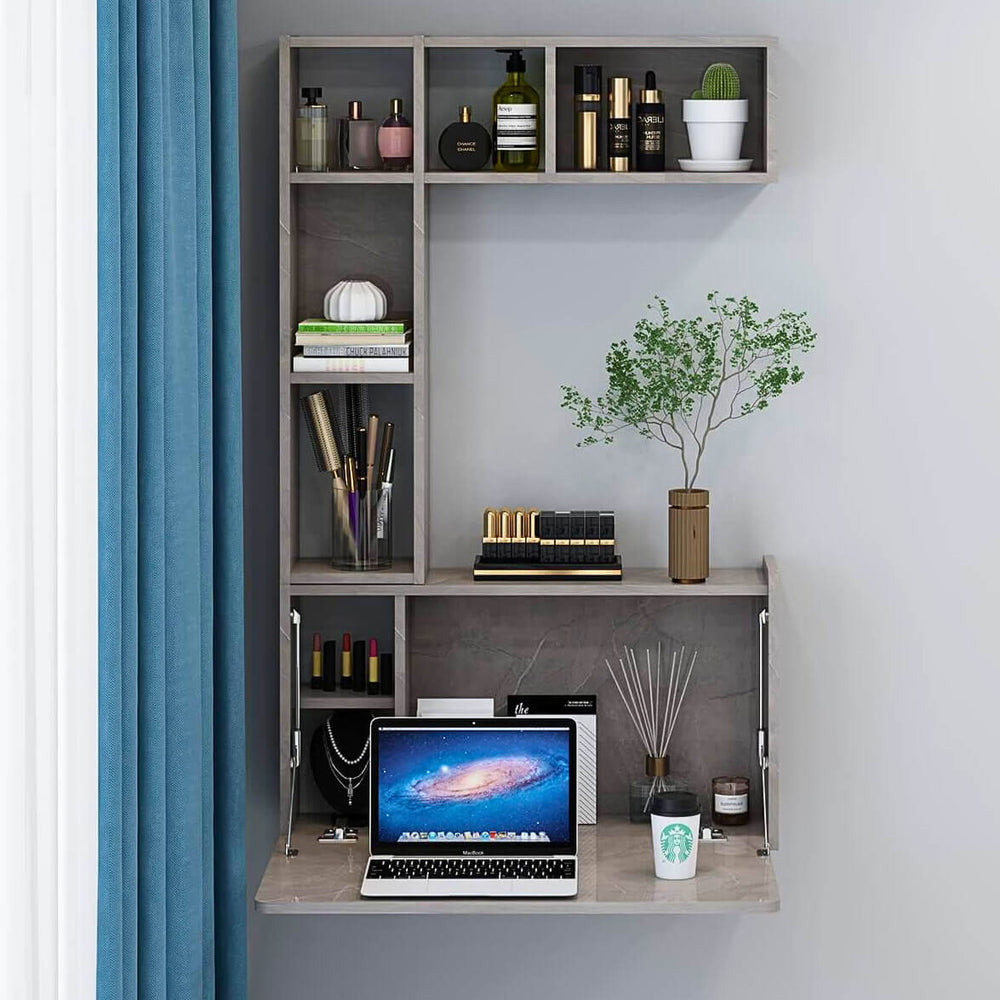 Grey Wall Mount Murphy Desk & Shelf, Floating Home Office Workstation