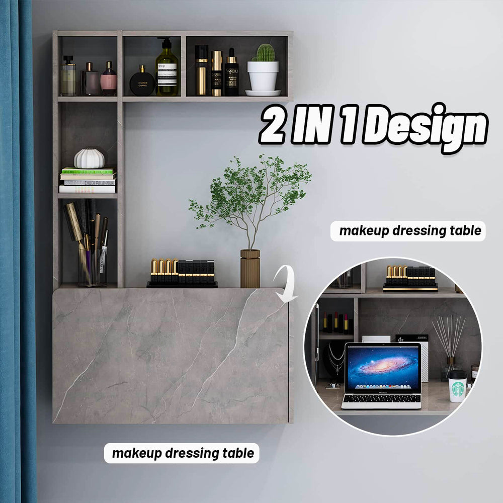 Grey Wall Mount Murphy Desk & Shelf, Floating Home Office Workstation