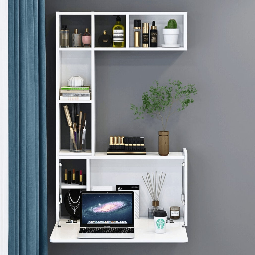 White Wall Mounted Fold Desk & Storage Shelf, Floating Beauty Vanity