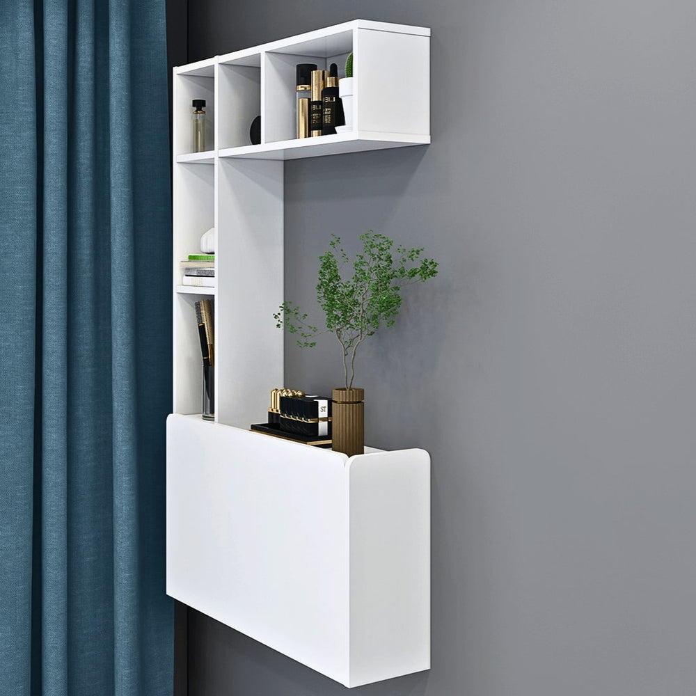 White Wall Mounted Fold Desk & Storage Shelf, Floating Beauty Vanity