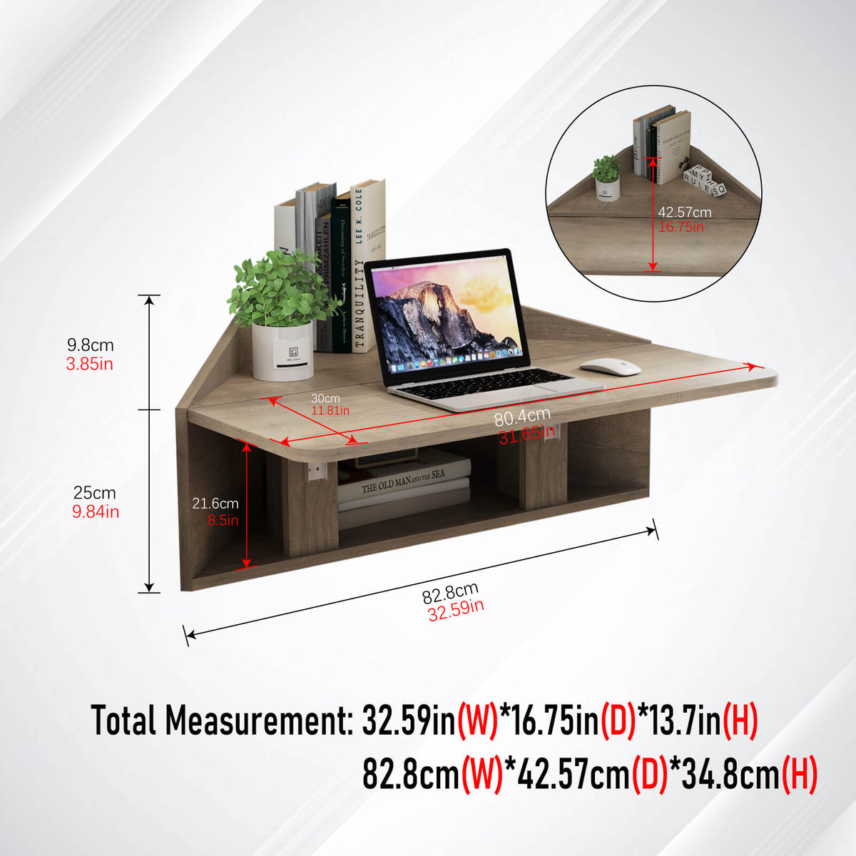 Greige Wall Mounted Fold Down Corner Desk with Storage Shelf