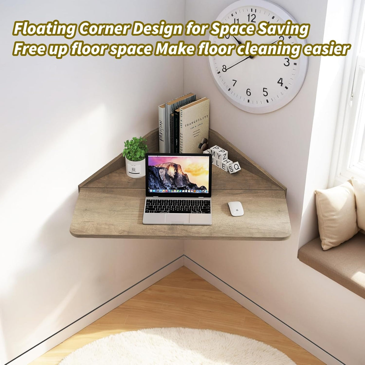 Greige Wall Mounted Fold Down Corner Desk with Storage Shelf