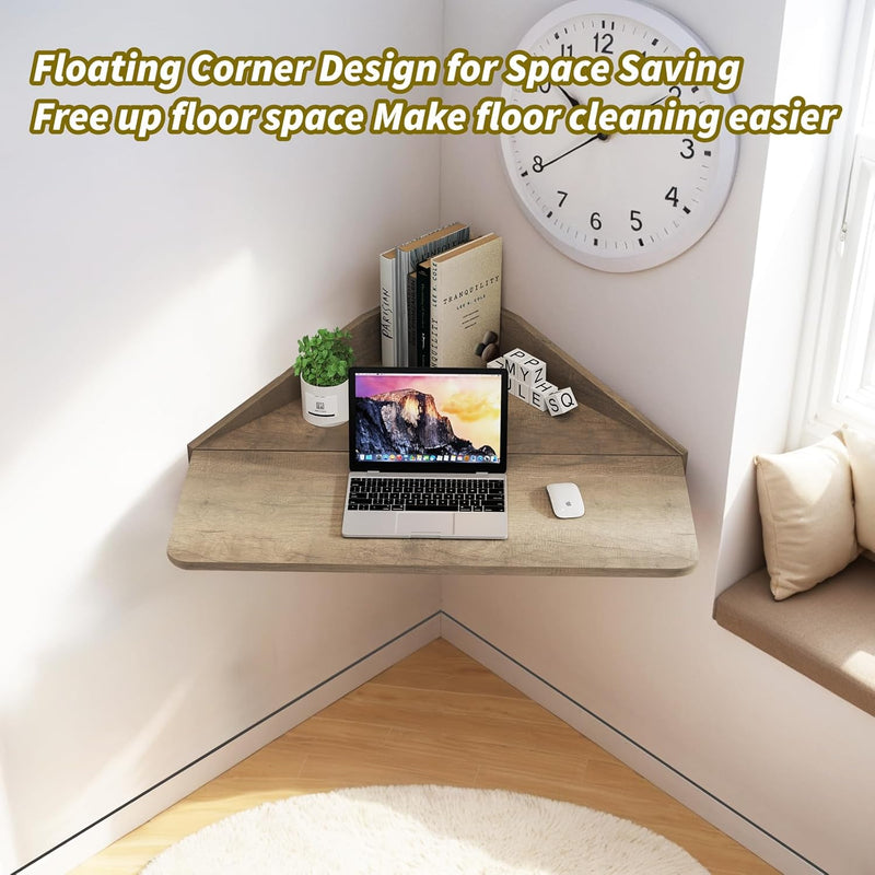 Greige Wall Mounted Fold Down Corner Desk with Storage Shelf