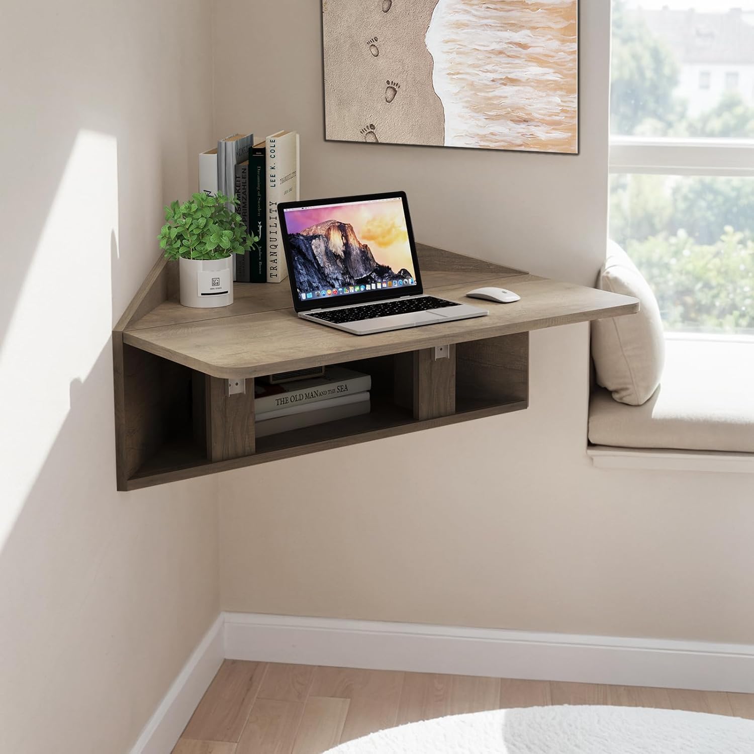 Greige Wall Mounted Fold Down Corner Desk with Storage Shelf