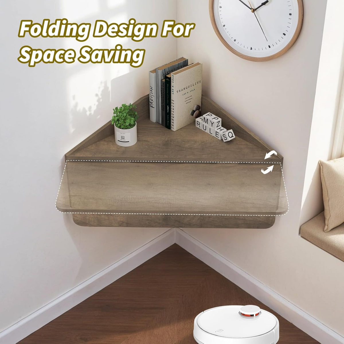 Greige Wall Mounted Fold Down Corner Desk with Storage Shelf