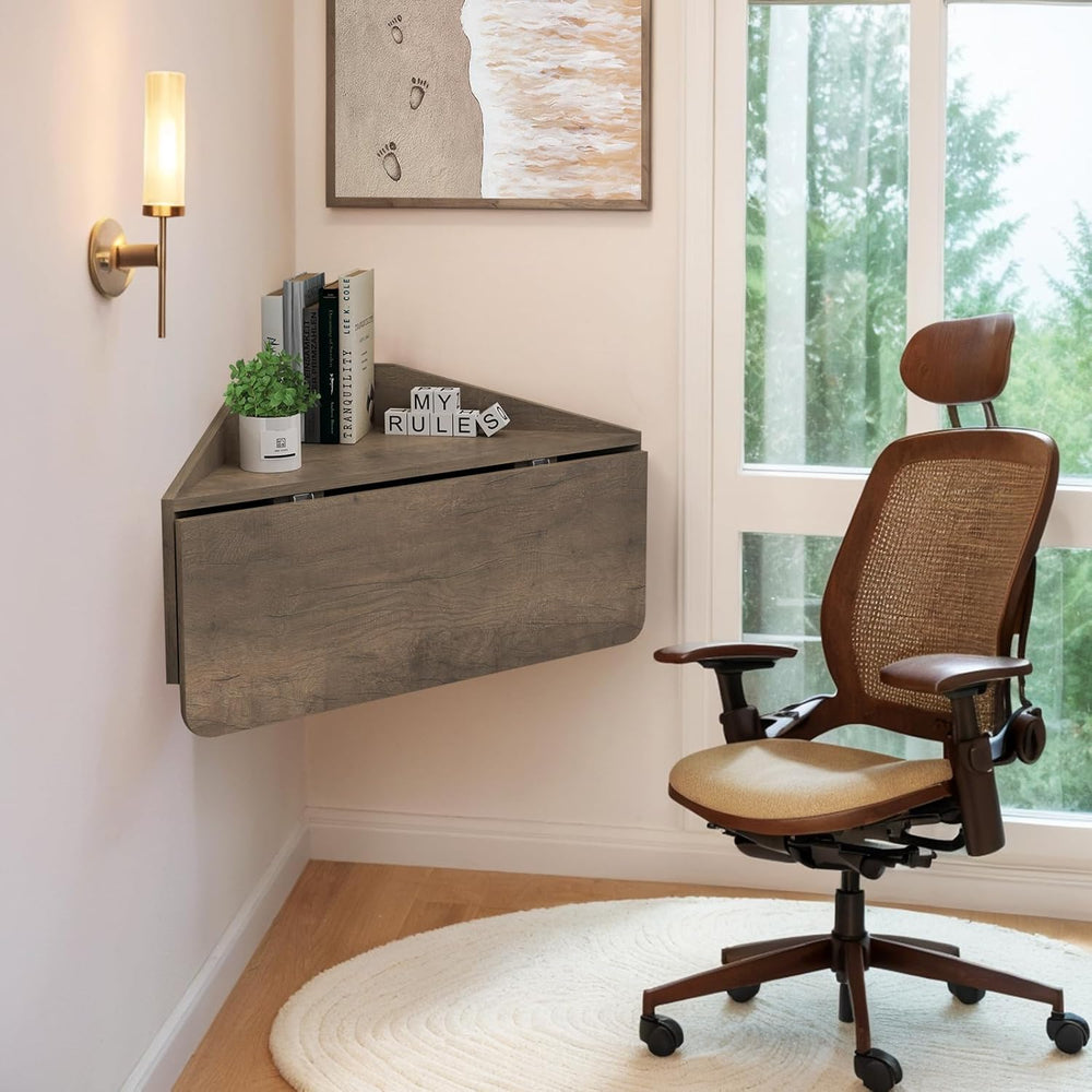 Greige Wall Mounted Fold Down Corner Desk with Storage Shelf