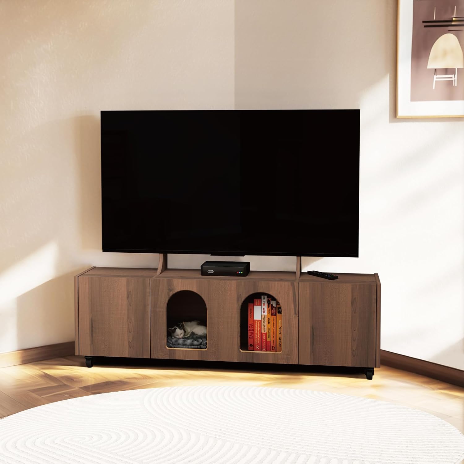 Walnut Wood Rolling TV Cabinet, Low Profile Media Storage for 50" 55" TV