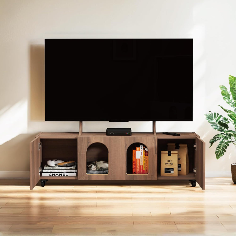 Walnut Wood Rolling TV Cabinet, Low Profile Media Storage for 50" 55" TV