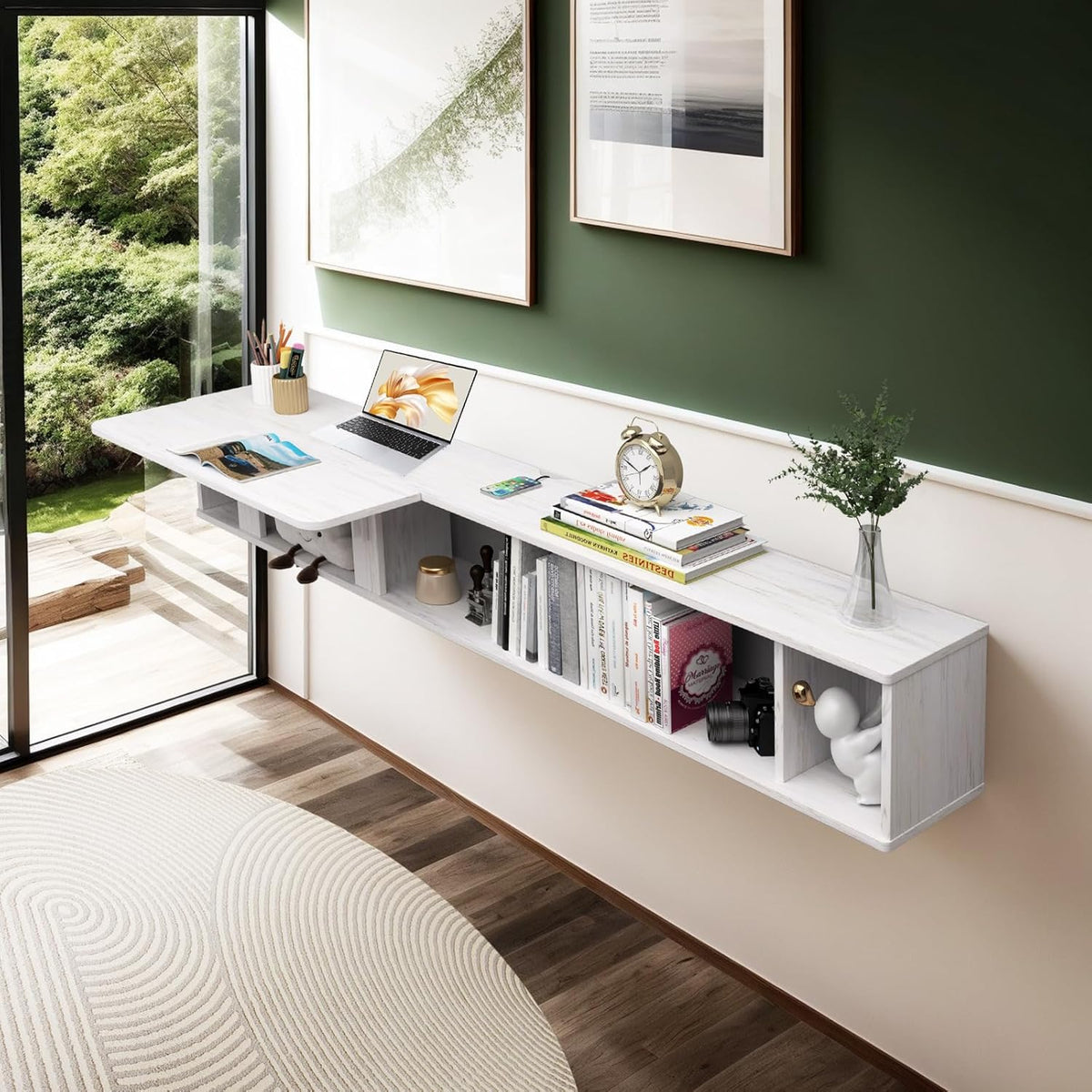 White Wall Mount Shelf & Fold Down Desk for Small Space Home Office