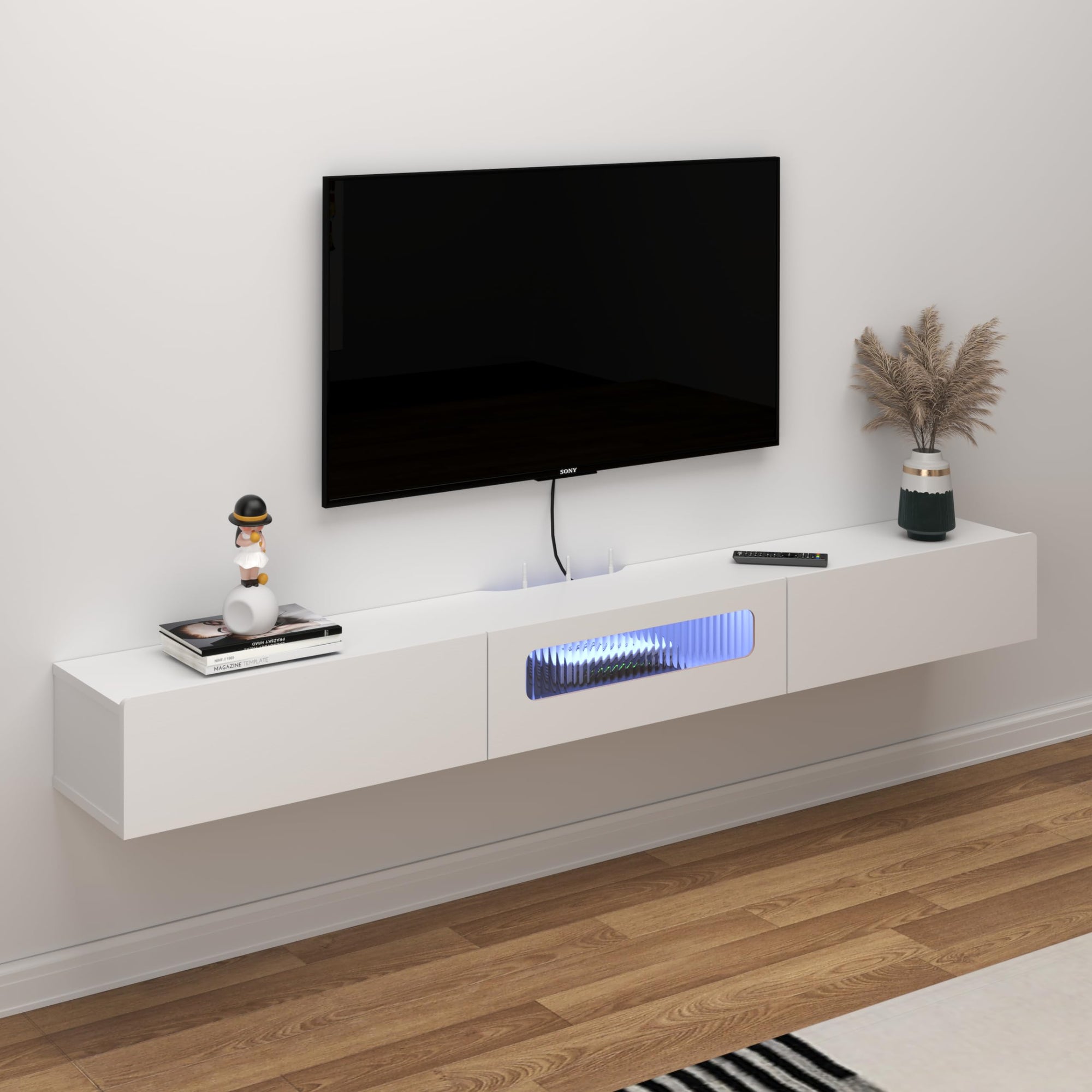 Customize Light Oak Floating TV Stand Wall Shelf with LED Lights and ...