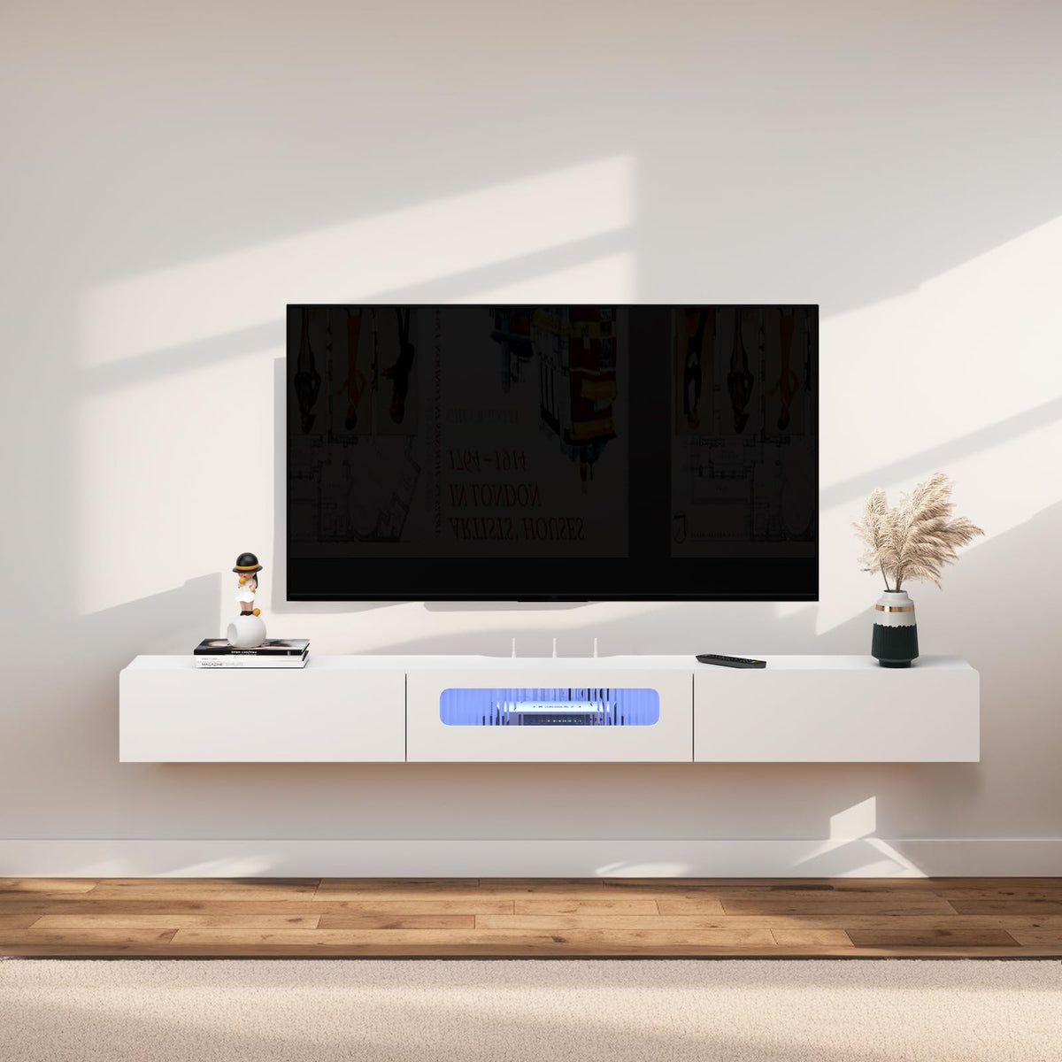 White Modern Floating TV Stand with LED Lights and Drawers for 65" TVs