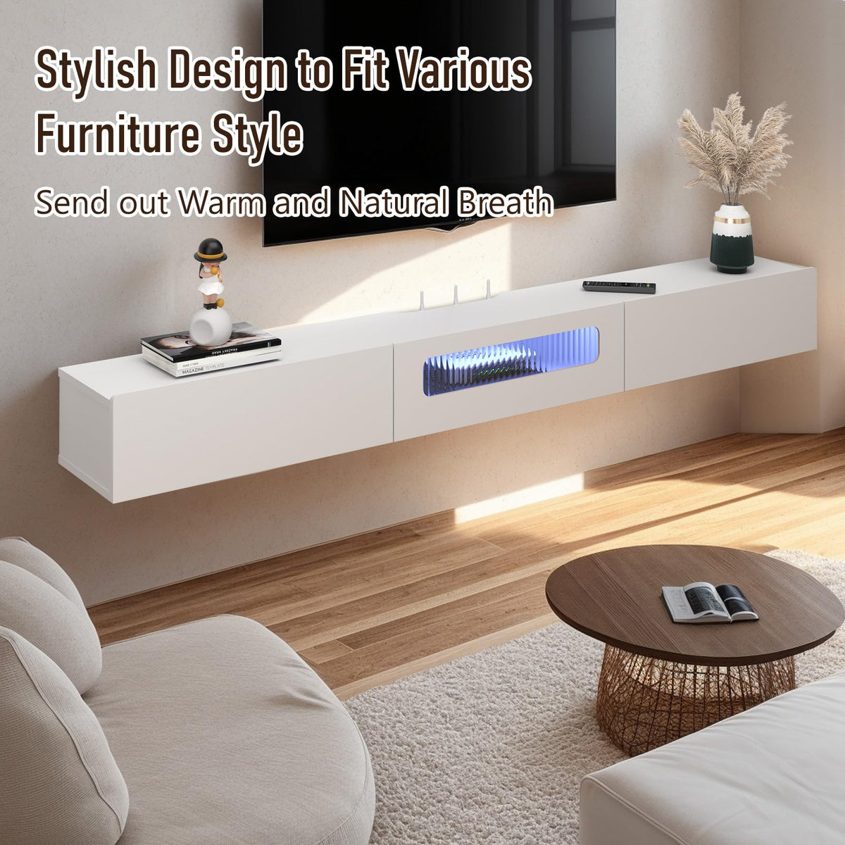 White Modern Floating TV Stand with LED Lights and Drawers for 85" TVs