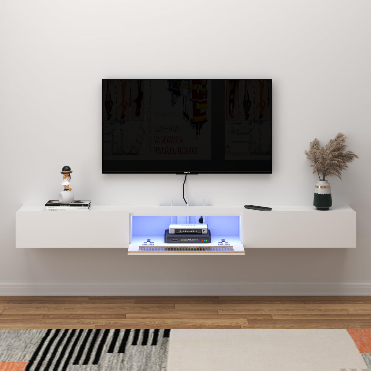 White Modern Floating TV Stand with LED Lights and Drawers for 85" TVs