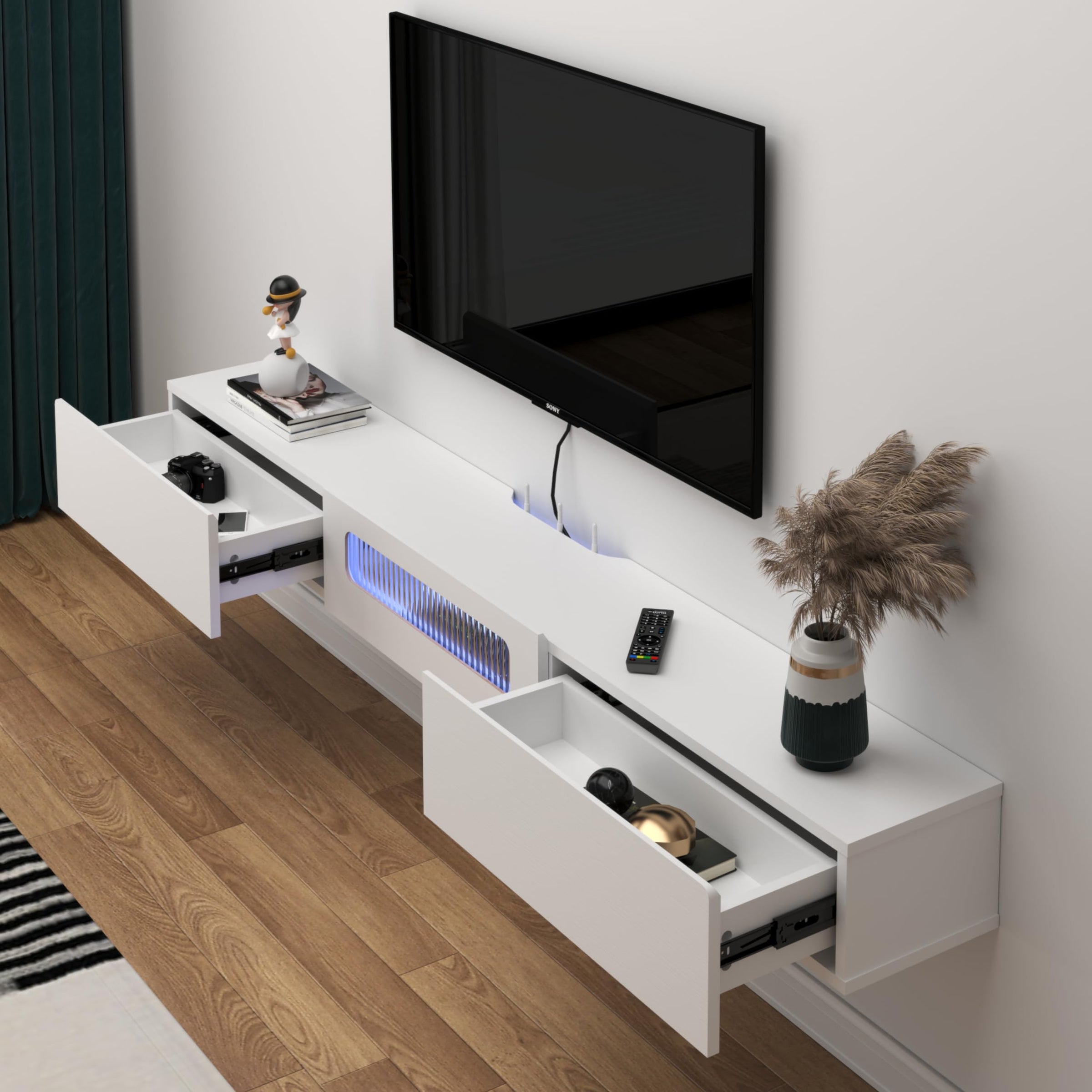 White Modern Floating TV Stand with LED Lights and Drawers for 85" TVs