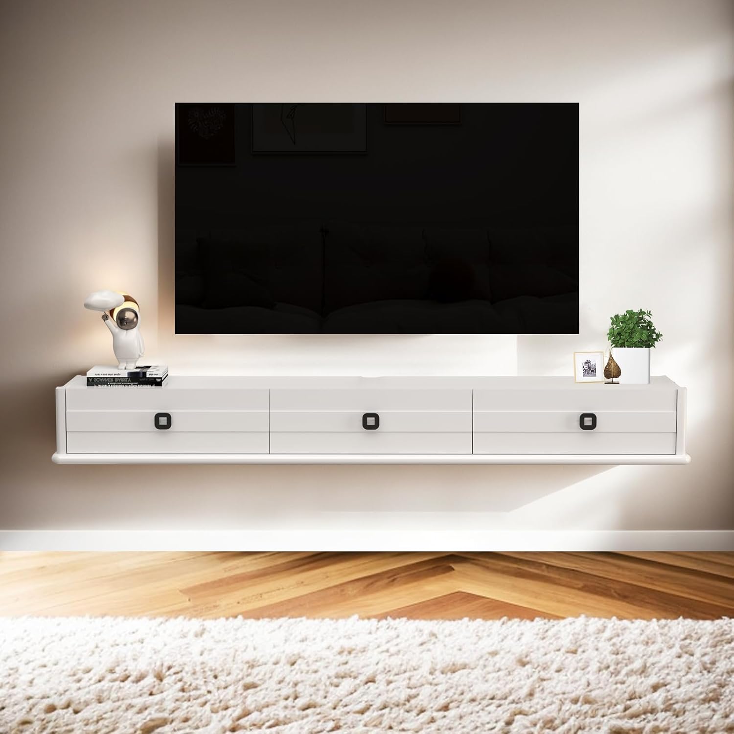 White High Gloss Solid Wood Floating TV Stand for 75" TV with Drawers