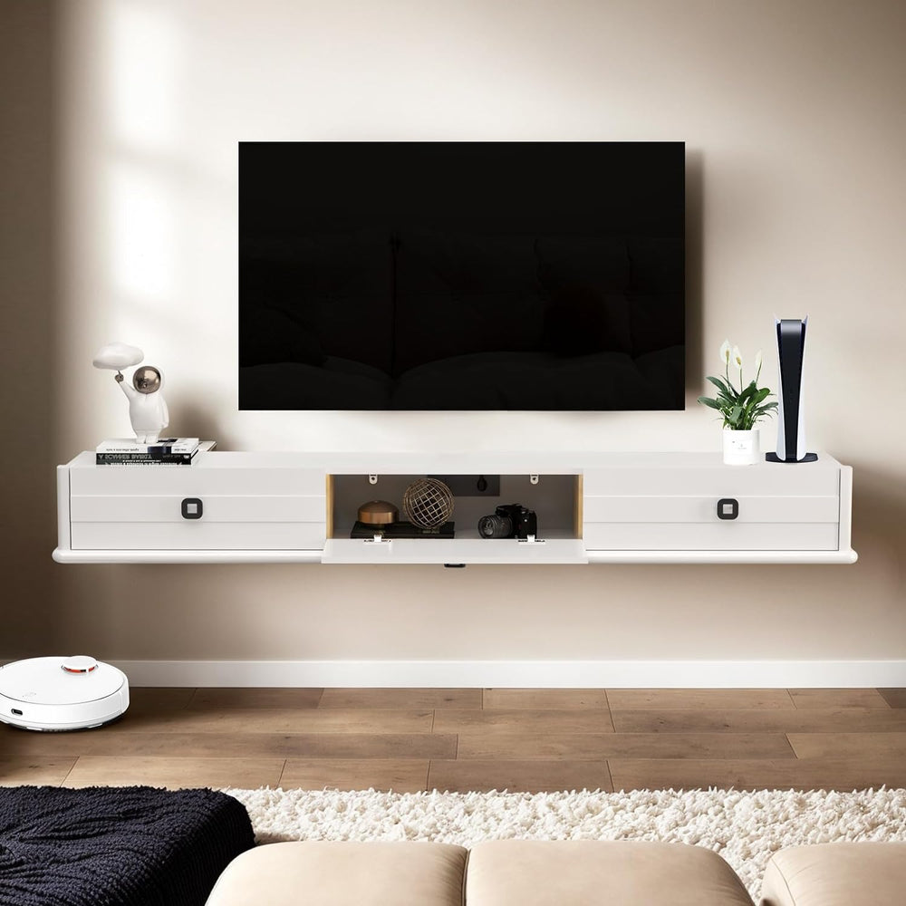 White High Gloss Solid Wood Floating TV Stand for 75" TV with Drawers